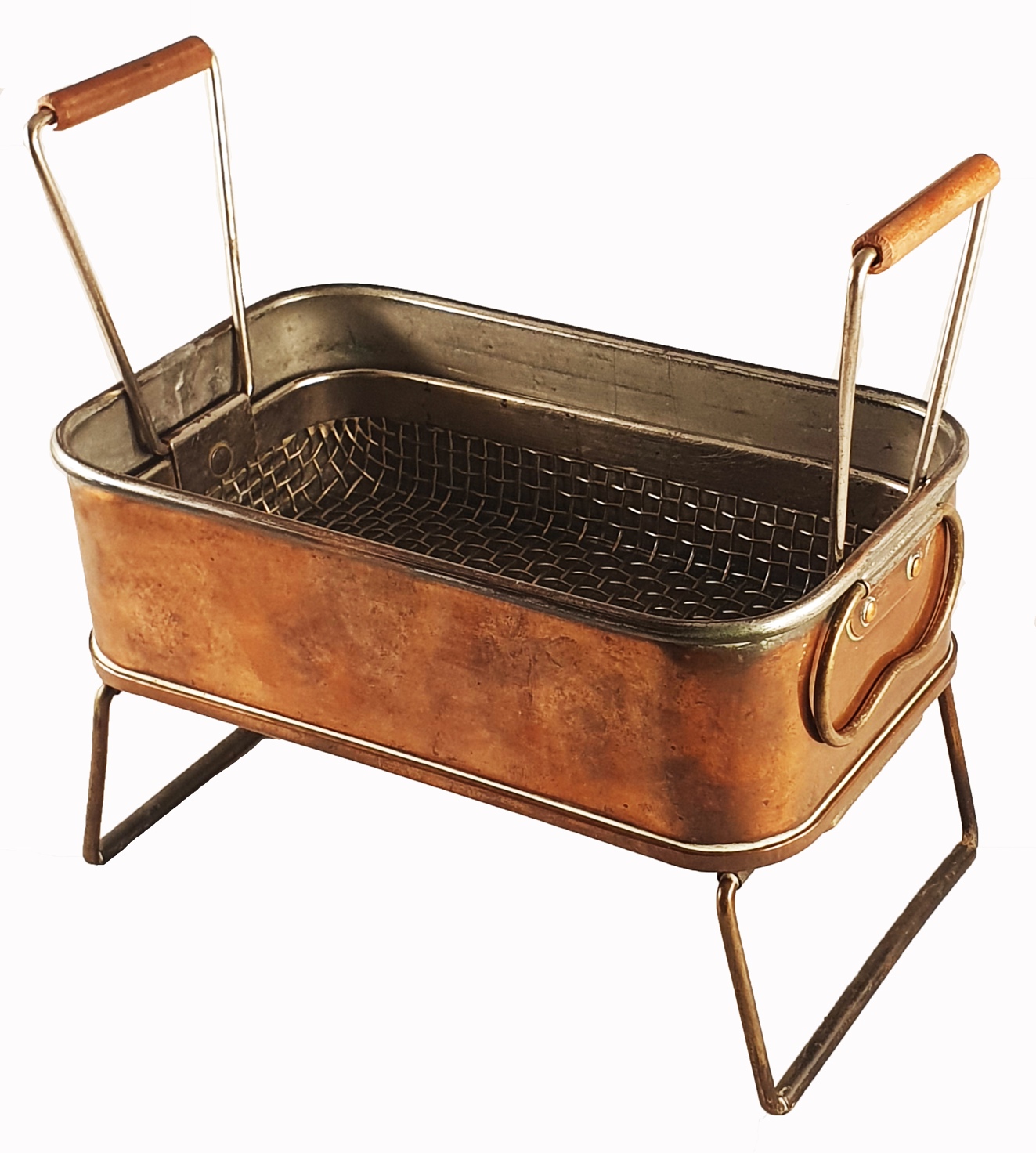 A copper container with a metal handleDescription automatically ...